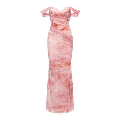 【蓝盈莹同款】SheerLuck 25新款法式复古一字肩褶皱晕染度假长裙