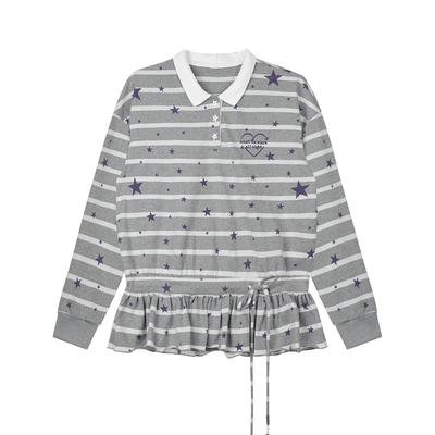 SagiDolls少女斗志显瘦减龄!百搭灰色条纹星星印花Polo上衣甜酷秋