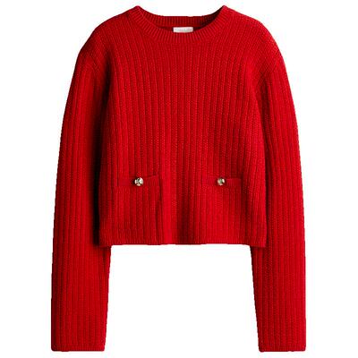 HM女装毛针织衫春季红色毛衣柔软毛衣圆领套头衫1266527