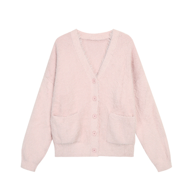 pusumede 雪域冬日 慵懒风V领仿貂毛开衫女宽松气质毛茸茸上衣