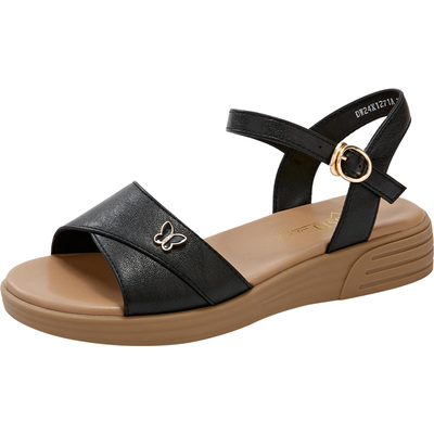 一字带凉鞋时尚优雅坡跟低跟圆头