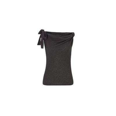 法式复古灰色斜肩绑带上衣