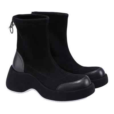 fed粗跟短靴冬季新款女靴厚底黑色袜靴绒面瘦瘦靴女款S0916-YA995