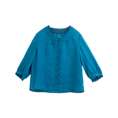 忘城42支苎麻v领荷叶边衬衫减龄