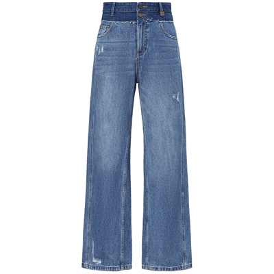 仿佛双腰头磨烂破洞直筒牛仔裤