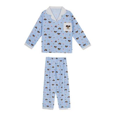 女格纹卡通小狗睡衣薄款长袖套装