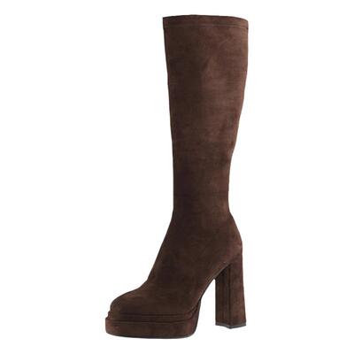 misili粗跟弹力高筒靴圆头防水台