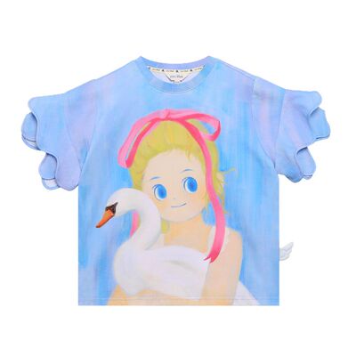 天鹅女孩印花荷叶袖T恤牛奶棉