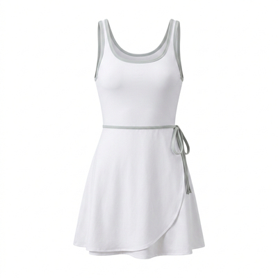 老钱风前侧裹身假两件网球连衣裙