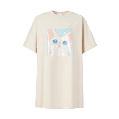 猫咪图案宽松休闲风T恤连衣裙