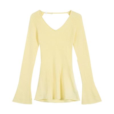 v领上衣微透喇叭袖毛针织t恤