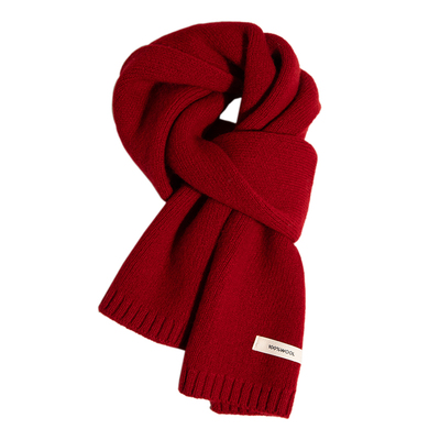 100%纯羊毛针织红色围巾女款百搭纯色氛围感围脖冬季女显白保暖