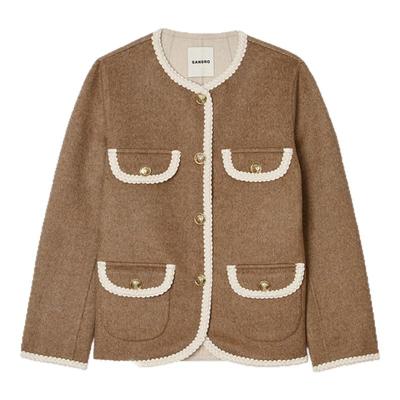 SANDRO法式斜纹撞色口袋外套