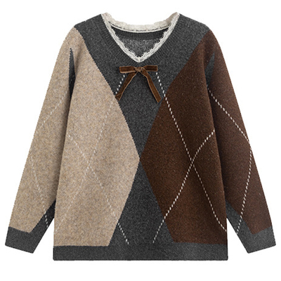复古学院风撞色菱格减龄花边毛衣