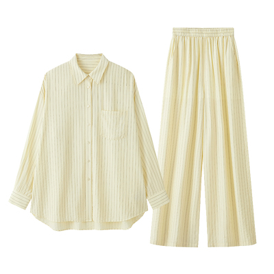 时尚条纹轻盈黄色衬衫长裤套装