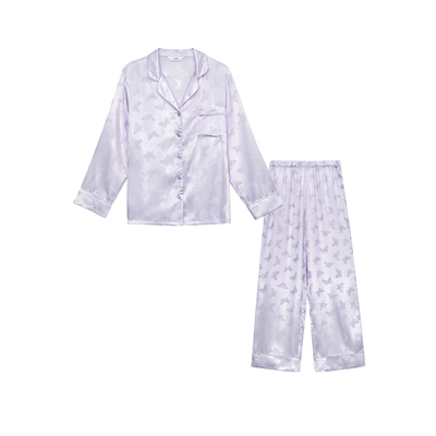 MISS PONYO女士提花丝光缎睡衣 长袖长裤柔滑垂感亲肤家居服套装