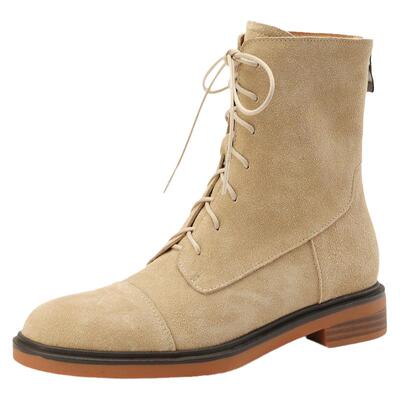 真皮马丁靴女平底系带雪地靴复古棕色磨砂短靴羊毛2025年新款单靴