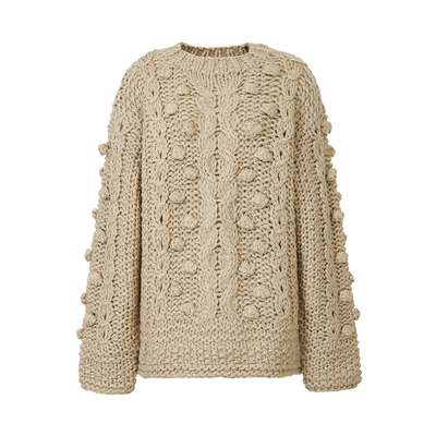 ELEI 25冬 羊毛混纺重工手钩立体花球粗线毛衣圆领大版落肩上衣