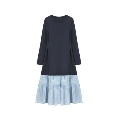 XWI欣未海边度假风碎花拼接连衣裙女2026春季蓝色收腰显瘦卫衣裙