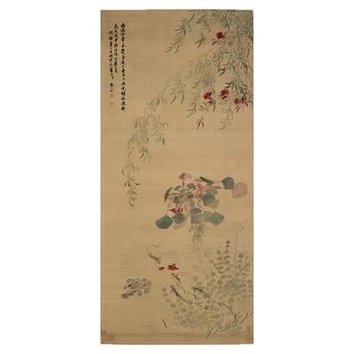落化游鱼图立轴荷花图竖幅