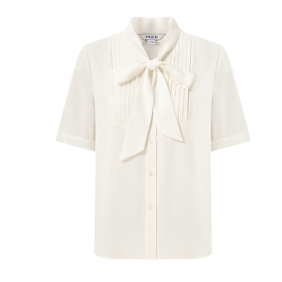 PRICH时尚清爽飘带领褶皱前襟雪纺短袖衬衫2026夏新款通勤上衣女
