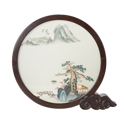 湘传礼湘绣手工刺绣祥云架双面绣圆屏摆件卧室书房新中式艺术礼品