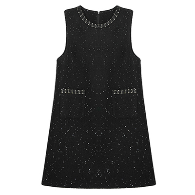 柒院家大码钉珠小香风圆领连衣裙