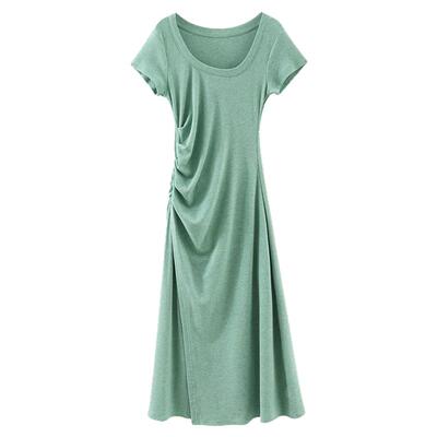 夕蒙2026新款夏韩系气质裙子小众独特高级减龄别致绿色u领连衣裙