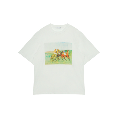 FUNKYFUN 复古马术师蜡笔画直喷印花宽松大版型落肩圆领短袖tee