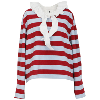 法式红白条纹飘领宽松长袖T恤