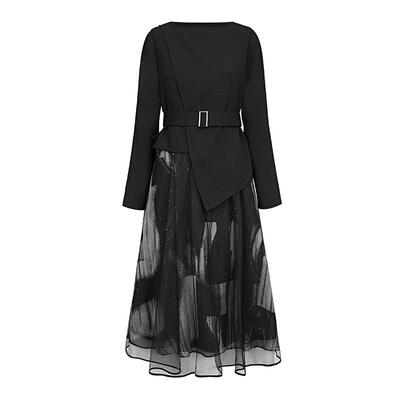 sdeer收腰印花网纱长袖连衣裙