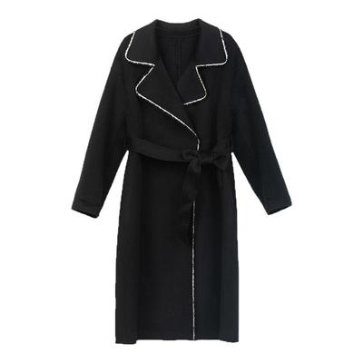 诗梦女装黑色羊毛羊绒双面呢大衣经典小香风睡袍款腰带收腰中长款