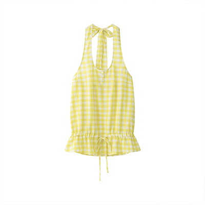 DID DAILY:Cecily 棉亚麻混纺泡泡格纹复古系带挂脖背心上衣26新