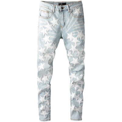 AMR高街新款欧美浅色刀割破洞牛仔裤男星星拼皮贴布修身小脚裤子