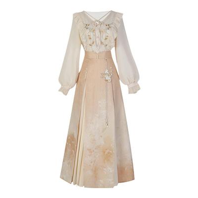 原创【秋意晚】宋制汉元素 v领上衣+改良三裥裙半裙秋季套装