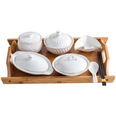 产妇医院专用陶瓷汤盅月子会所餐具带盖环保卫生月子碗木托盘套装
