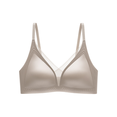万康薄款内衣女法式缎面无痕深V三角杯软支撑上托双排扣光面文胸