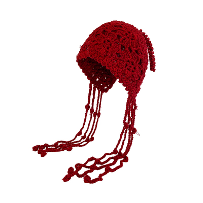 川西旅游红色流苏毛线帽子