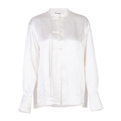 婉甸2026春季新品米杏色皱感醋酸中式盘扣立领宽松衬衫1251S04YJ1