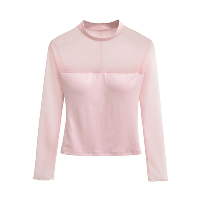 网纱拼接自带胸垫长袖T恤上衣