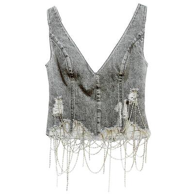 【MARKGONG】女装设计感通勤流行独特绑带V领灰色钻链牛仔上衣女