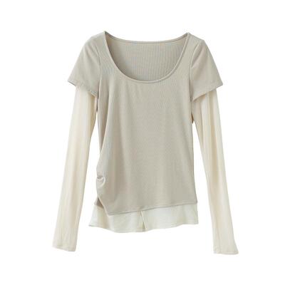 popchrio假两件网纱U领长袖T恤