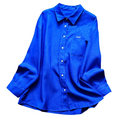 克莱因蓝宽松显瘦中长款翻领衬衫