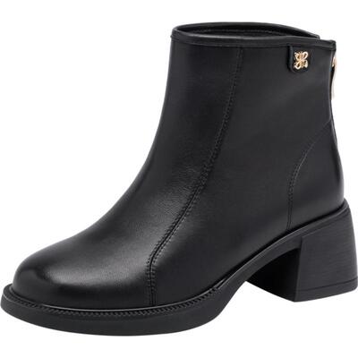 沙驰女鞋显瘦高跟羊皮短靴女靴子