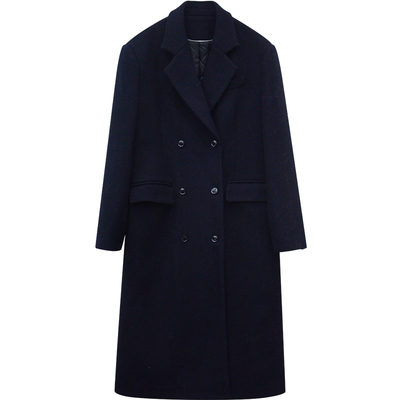 藏蓝色50羊毛垫肩大衣外套女长款