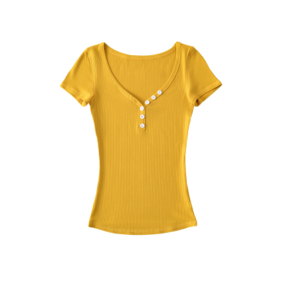 大V领纽扣装饰短袖T恤上衣