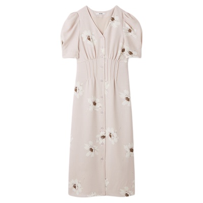 SNIDEL2025秋冬新品优雅V领收腰泡泡袖花朵印花连衣裙SWFO254331