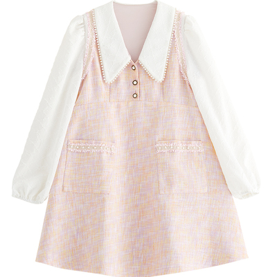 复古假两件小香风连衣裙