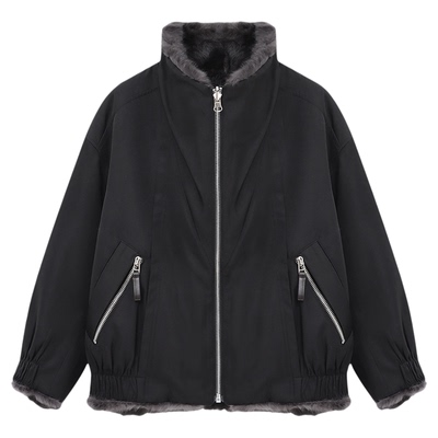 Basic House/百家好毛领短款夹克女冬季新款加厚保暖皮毛一体外套