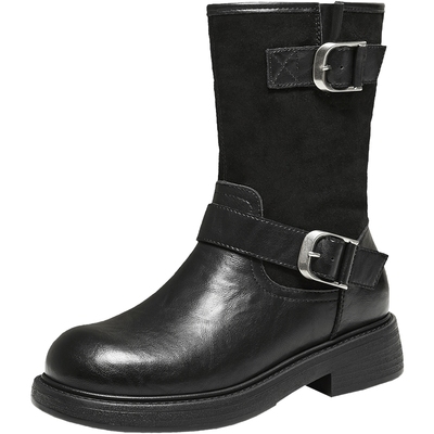 TATA他她靴子2025冬新款西部靴时尚休闲短筒靴黑色时装靴CHL01DS5